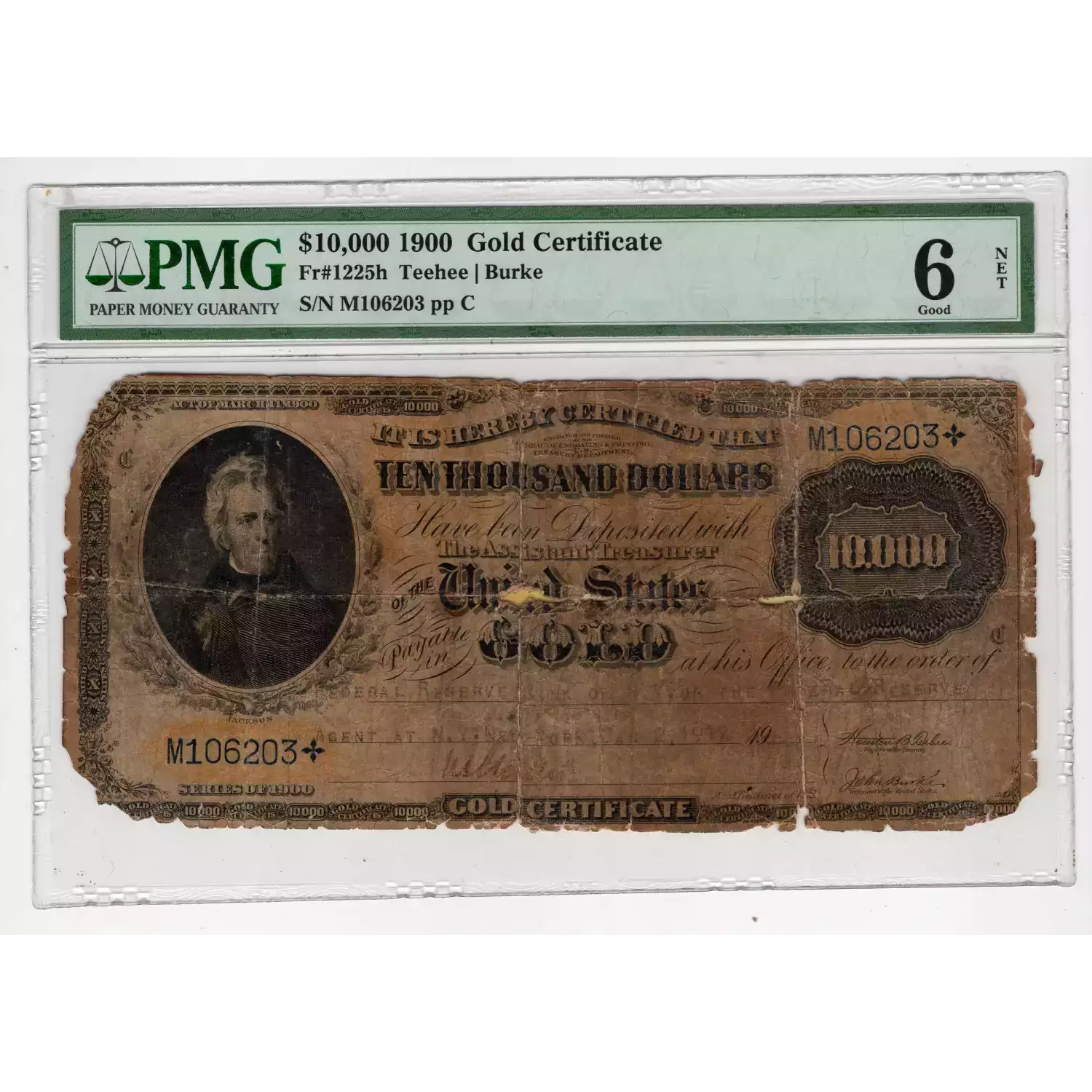 PMG Good 6 Net 1900 $10,000 Gold Certificate, Teehee-Burke signatures ...