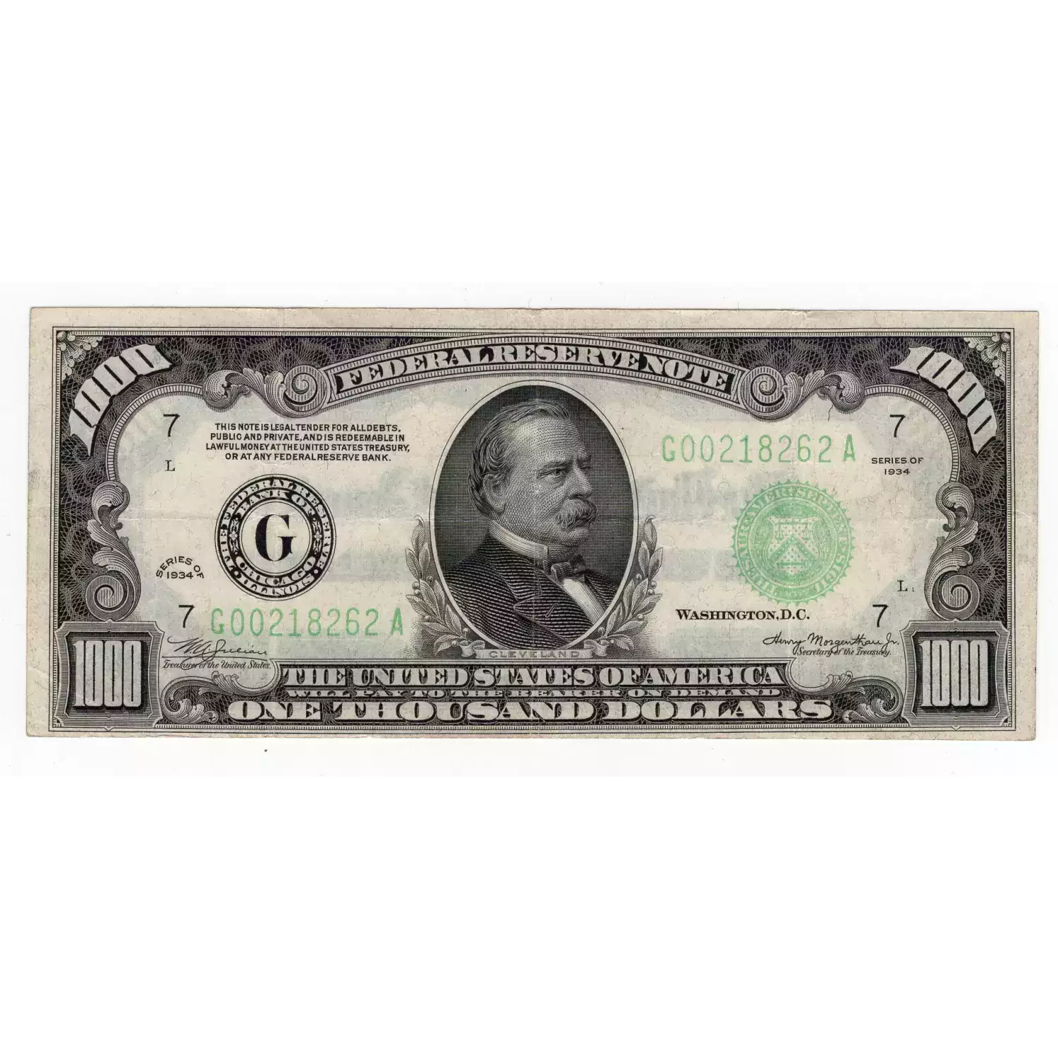 Series 1934 Dark Green Seal $1,000 Chicago Federal Reserve Note - Lost ...