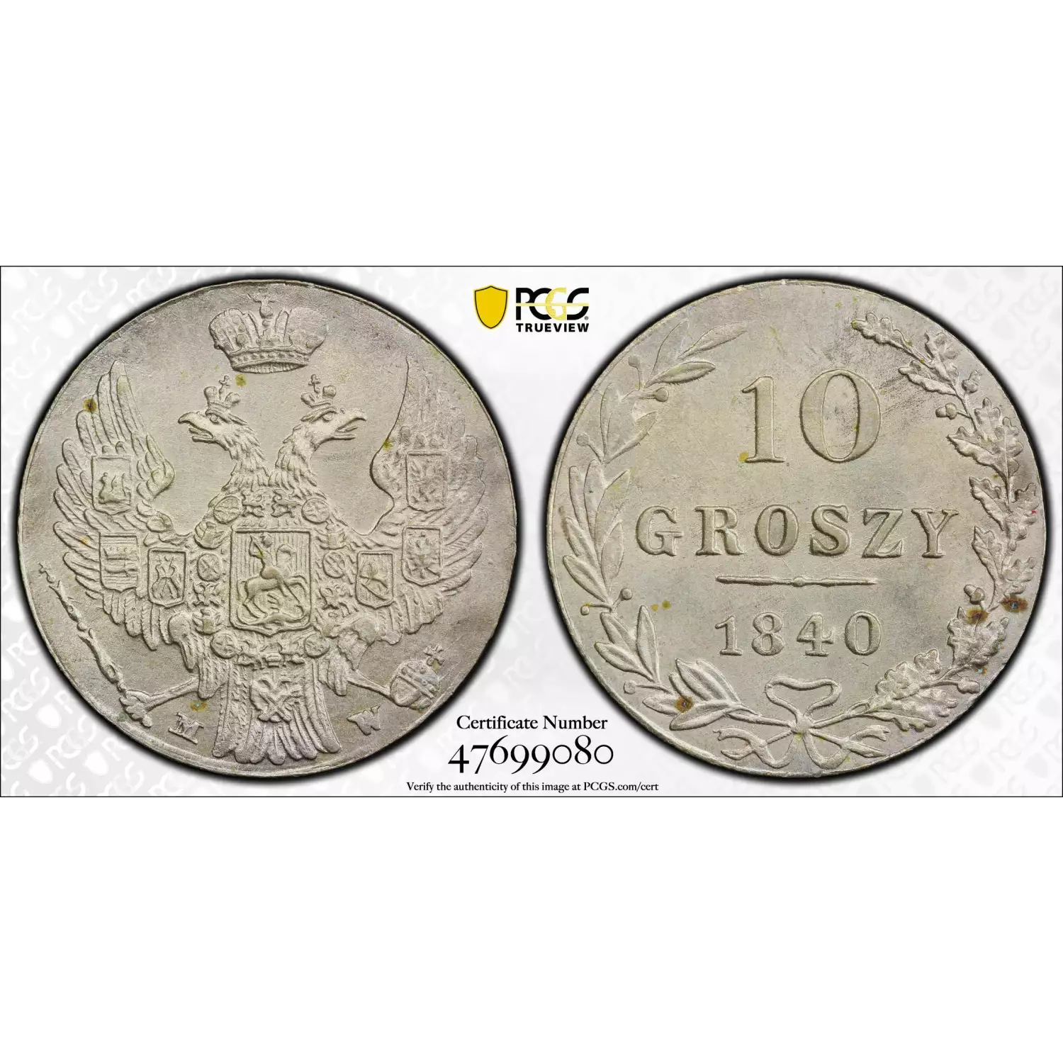 1840 POLAND Silver 10 GROSZY PCGS MS-64 - Lost Dutchman Rare Coins