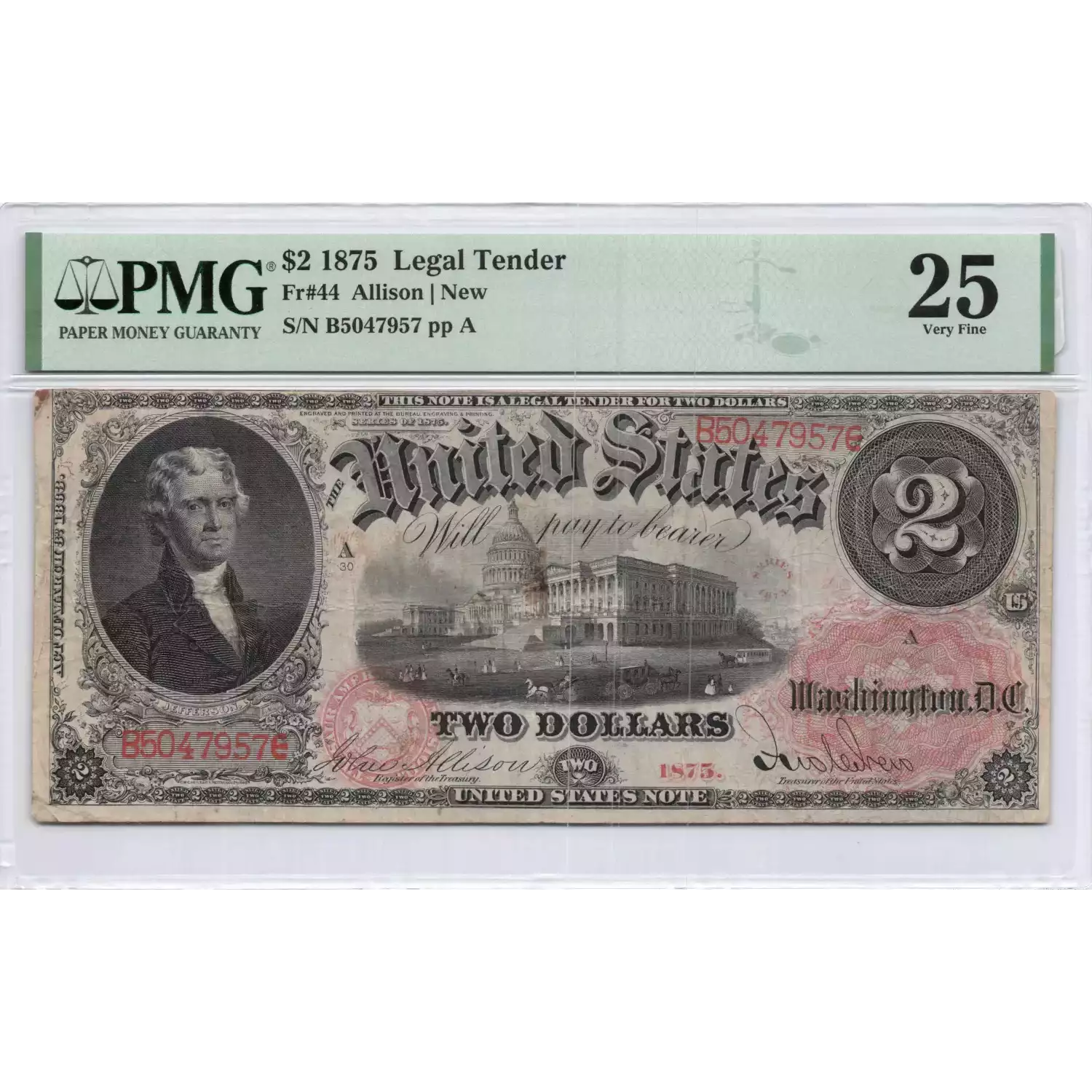 PMG Very Fine 25 Fr. 44 Series 1875 $2 United States Note, Allison-New ...
