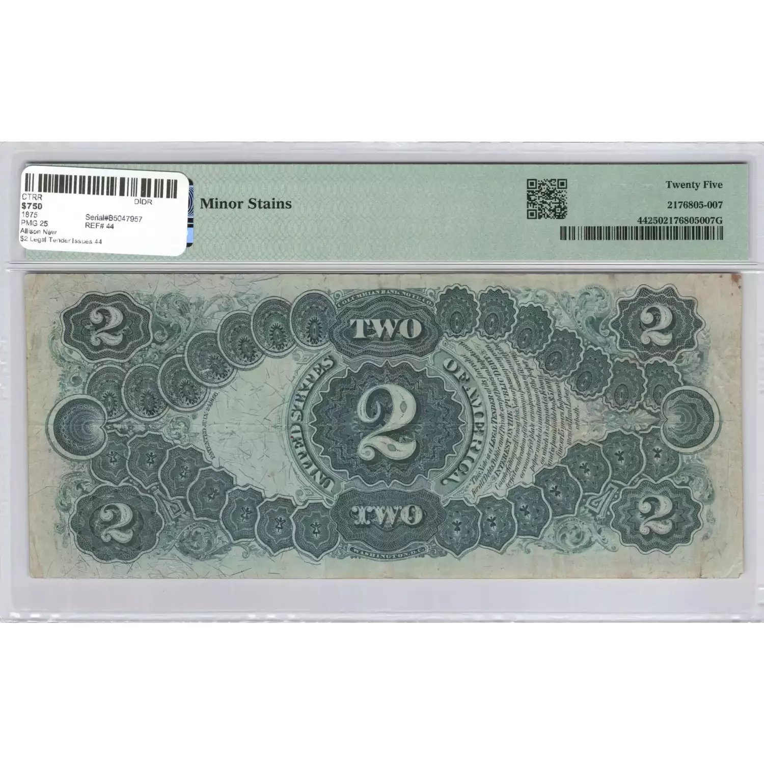 PMG Very Fine 25 Fr. 44 Series 1875 $2 United States Note, Allison-New ...