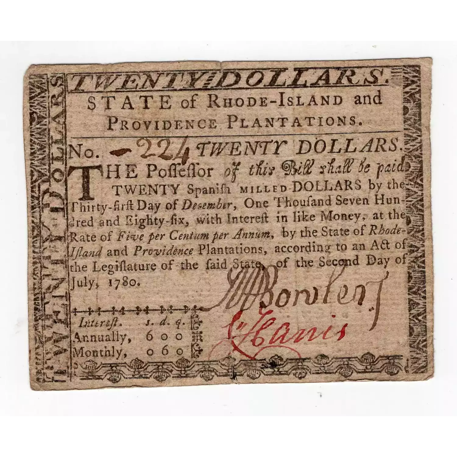 Rhode Island and Providence Plantation July 2, 1780 $20 Colonial ...