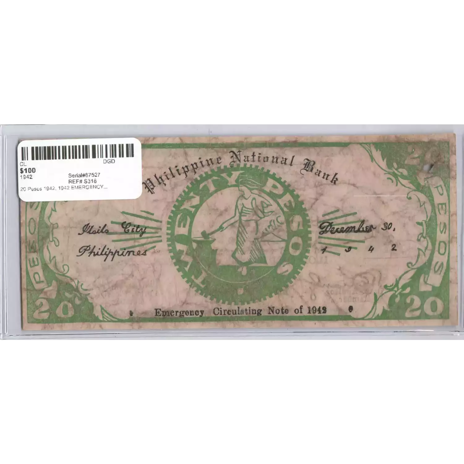 Contemporary Counterfeit 1942 20 Pesos Philippine National Bank ...