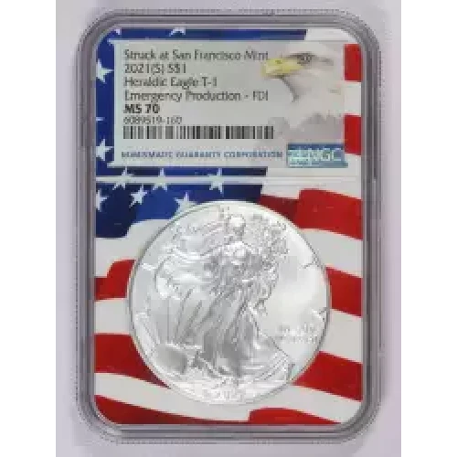 2021 Bullion Silver Eagles NGC MS-70 (S) Heraldic Eagle T-1 - FDI Emergency Production Struck at ...