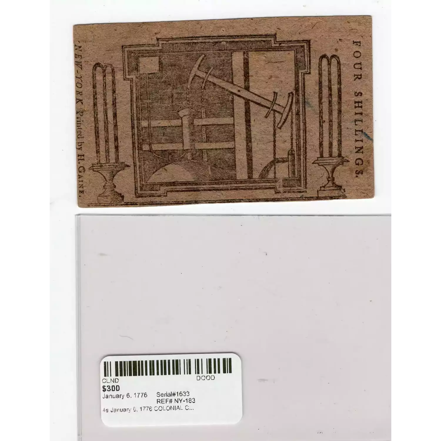 Colonial New York, Water Works, January 6, 1776, Four Shillings Nice ...