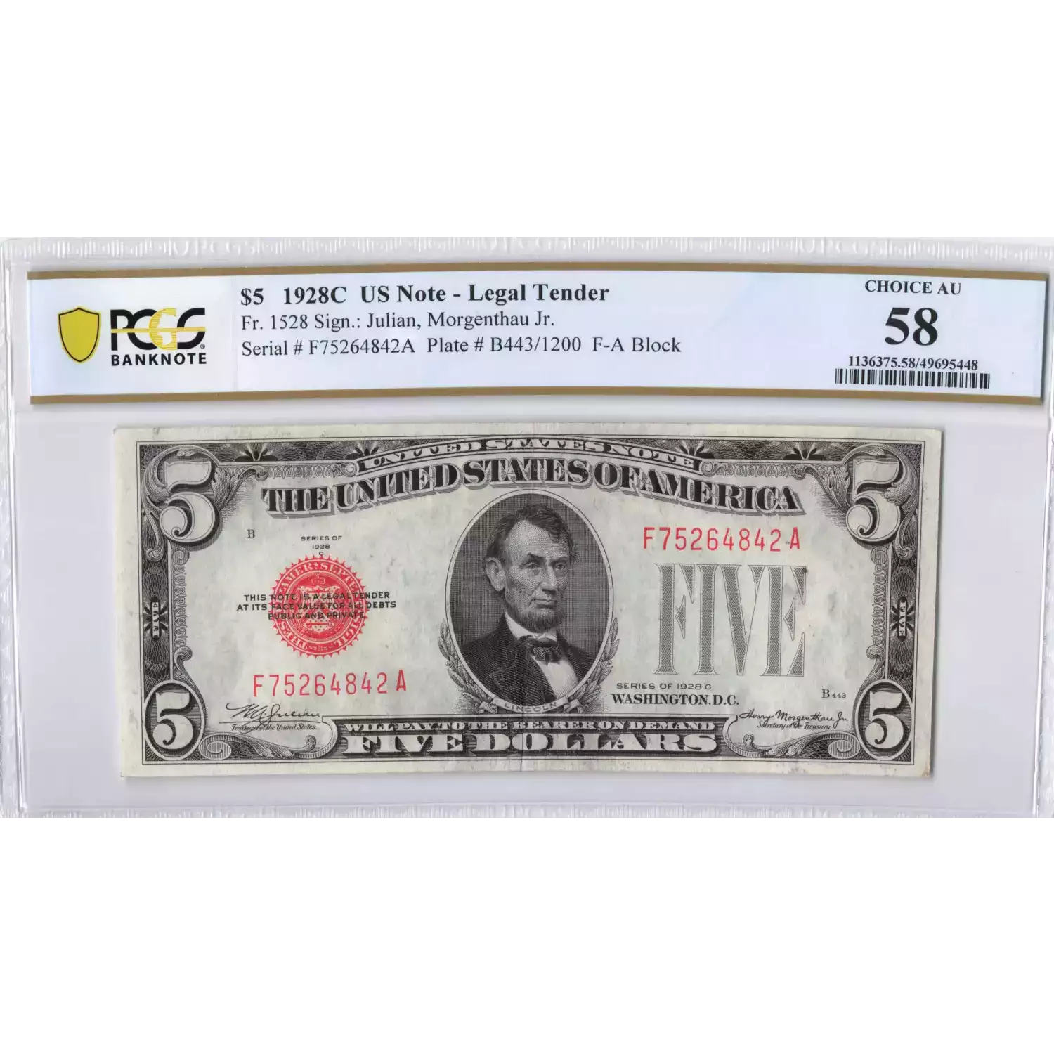 PCGS Choice AU 58 Series 1928C $5 United States Note Julian-Morgenthau ...