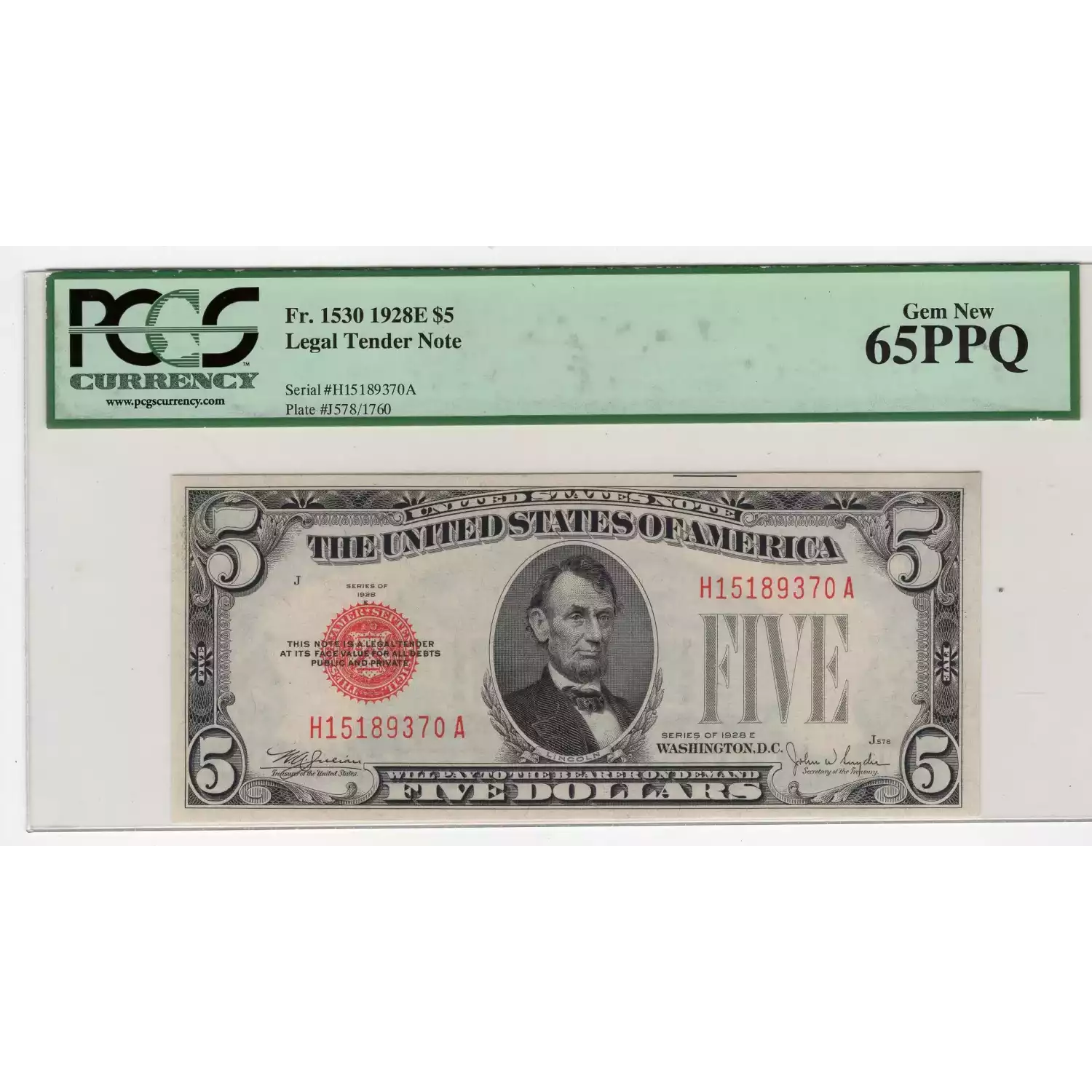PCGS 65PPQ Gem Unc Series 1928E $5 United States Note, Julian-Snyder ...