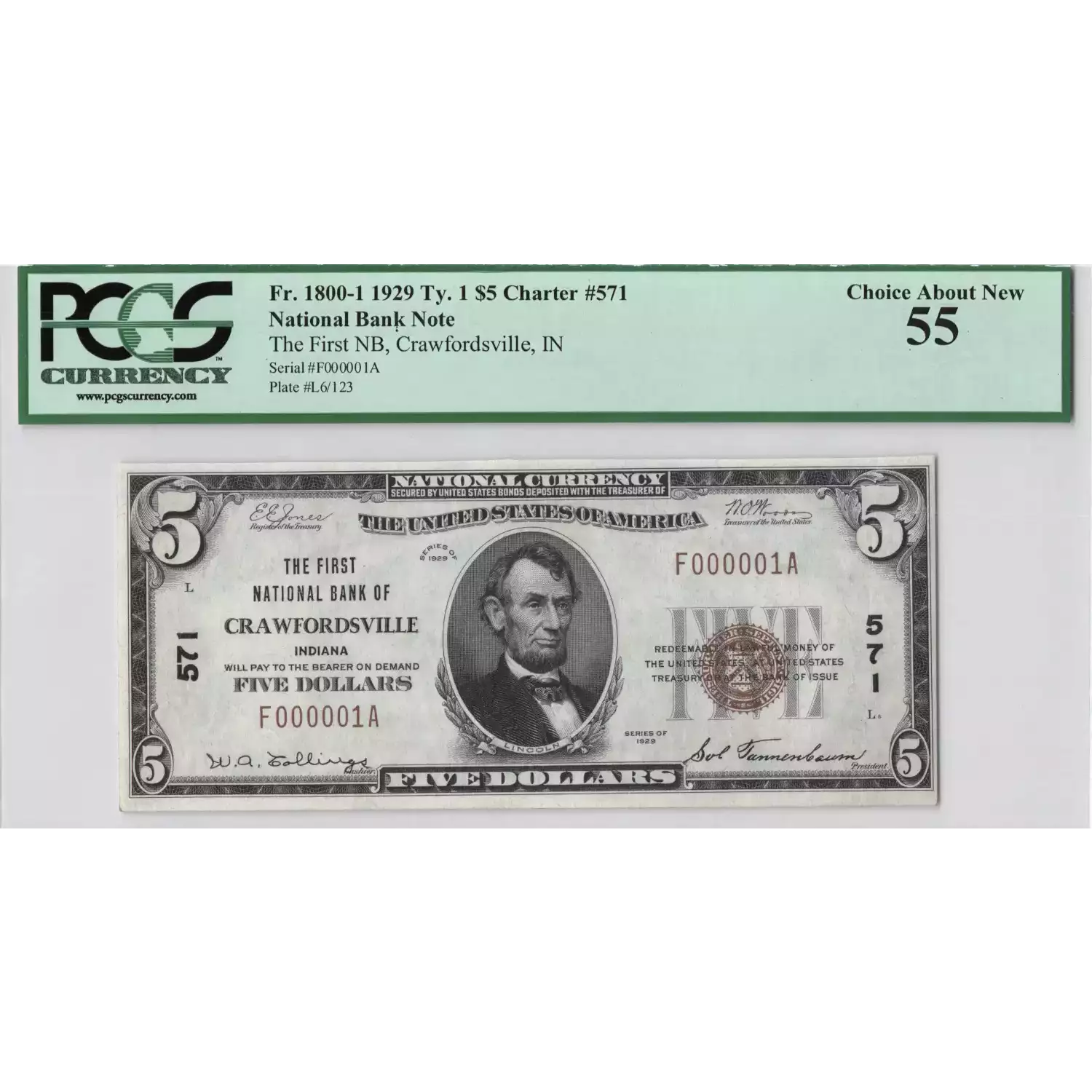 PCGS AU55 Ch. 571 1929 $5 The First National Bank of Crawfordsville, IN ...