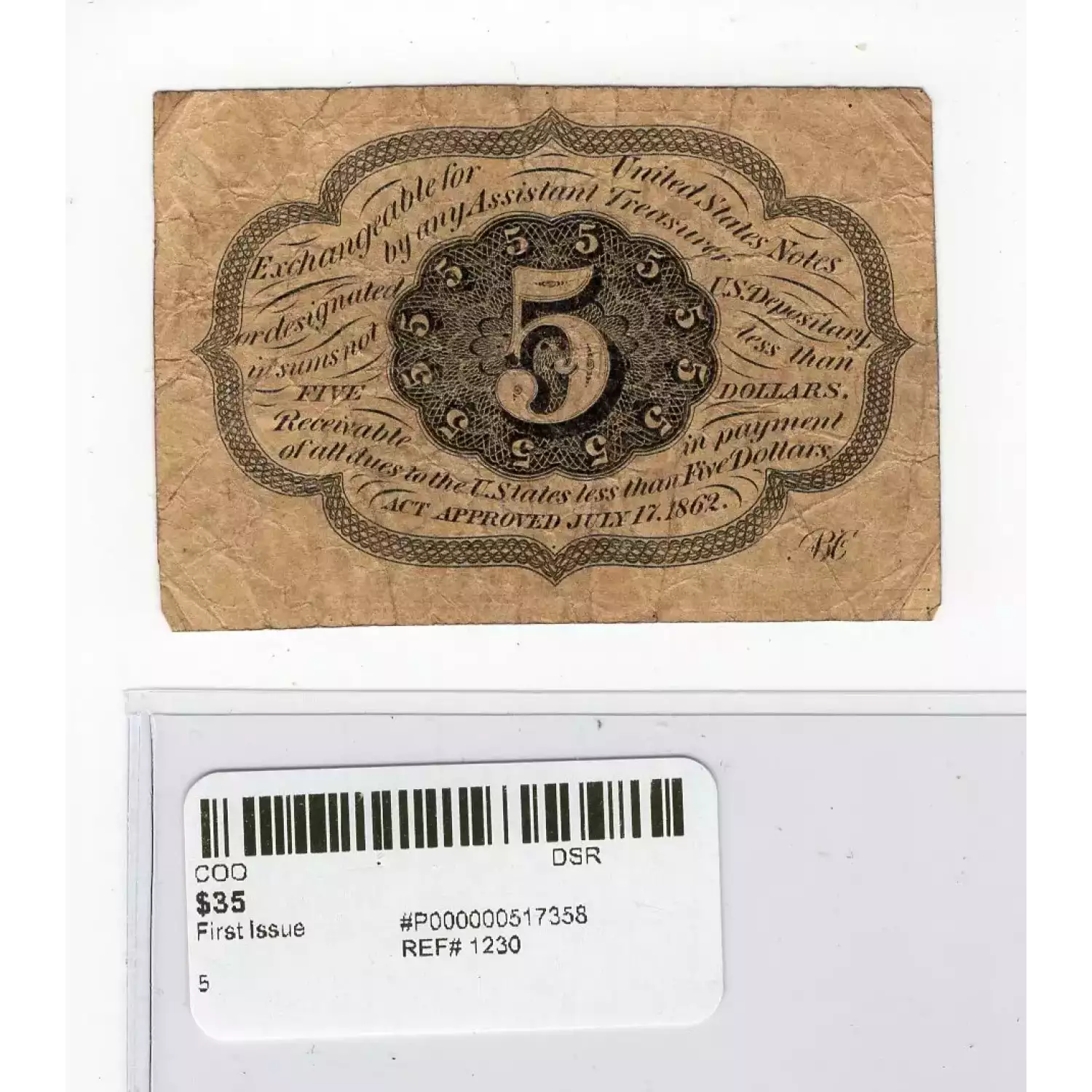 Fr. 1230 First Issue 5 cents Fractional Currency, Thomas Jefferson ...