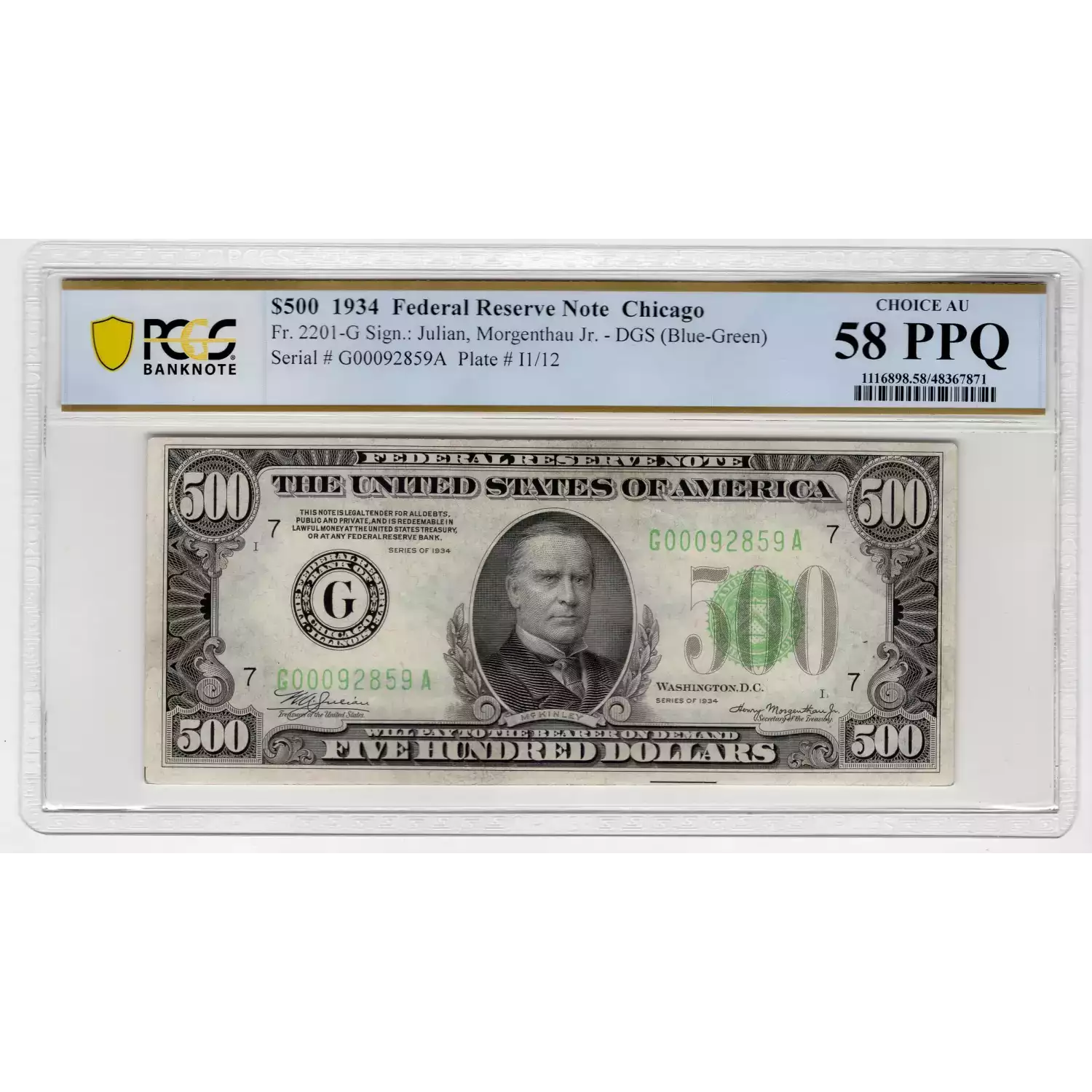 PCGS AU 58 PPQ Series 1934 $500 Chicago, IL Federal Reserve Note, tough ...