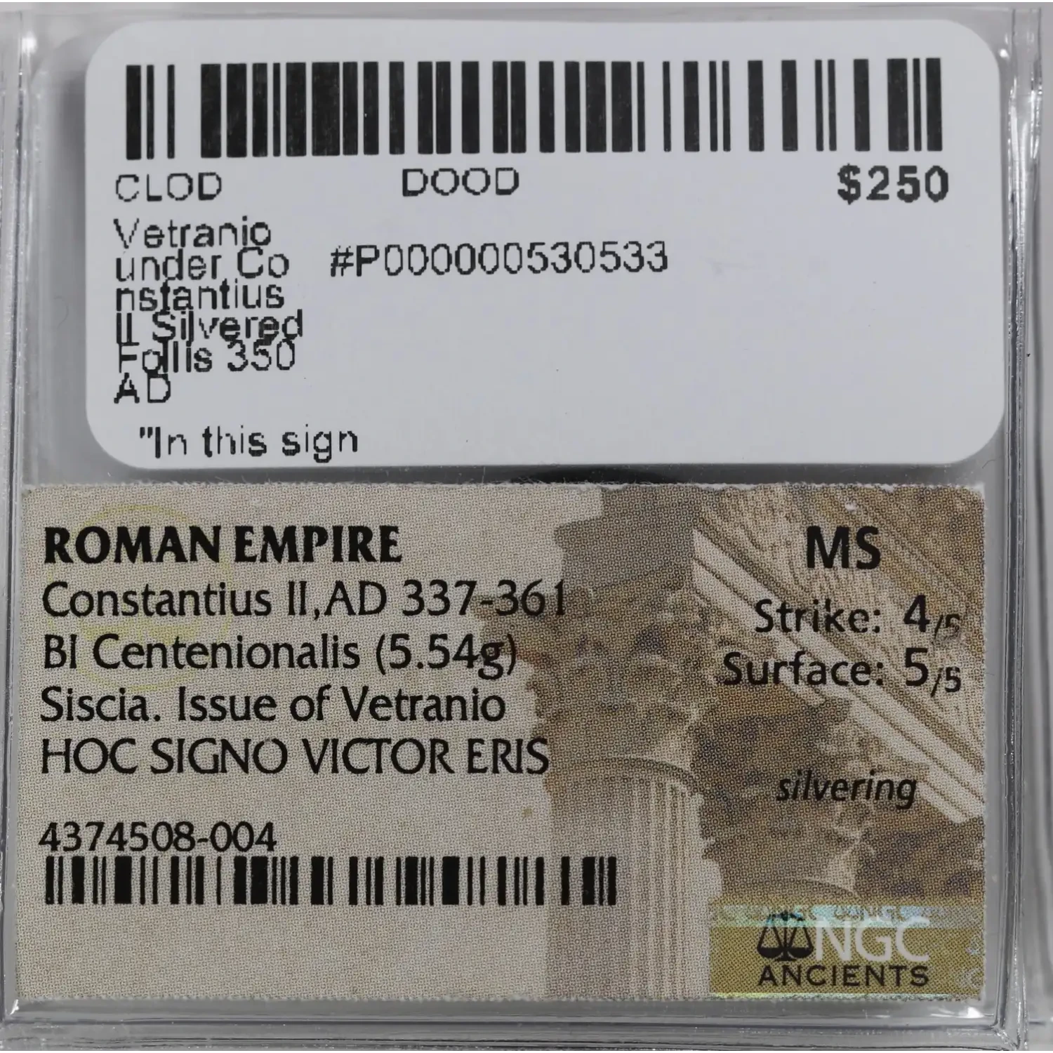 Vetranio under Constantius II Silvered Follis 350 AD Ancient Roman Coin "In this sign conquer ...