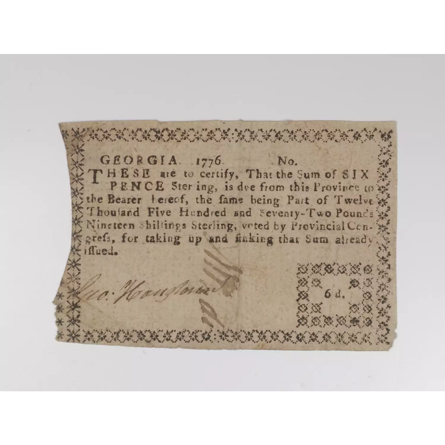 1776-Georgia 6 Pence Colonial Currency - Lost Dutchman Rare Coins