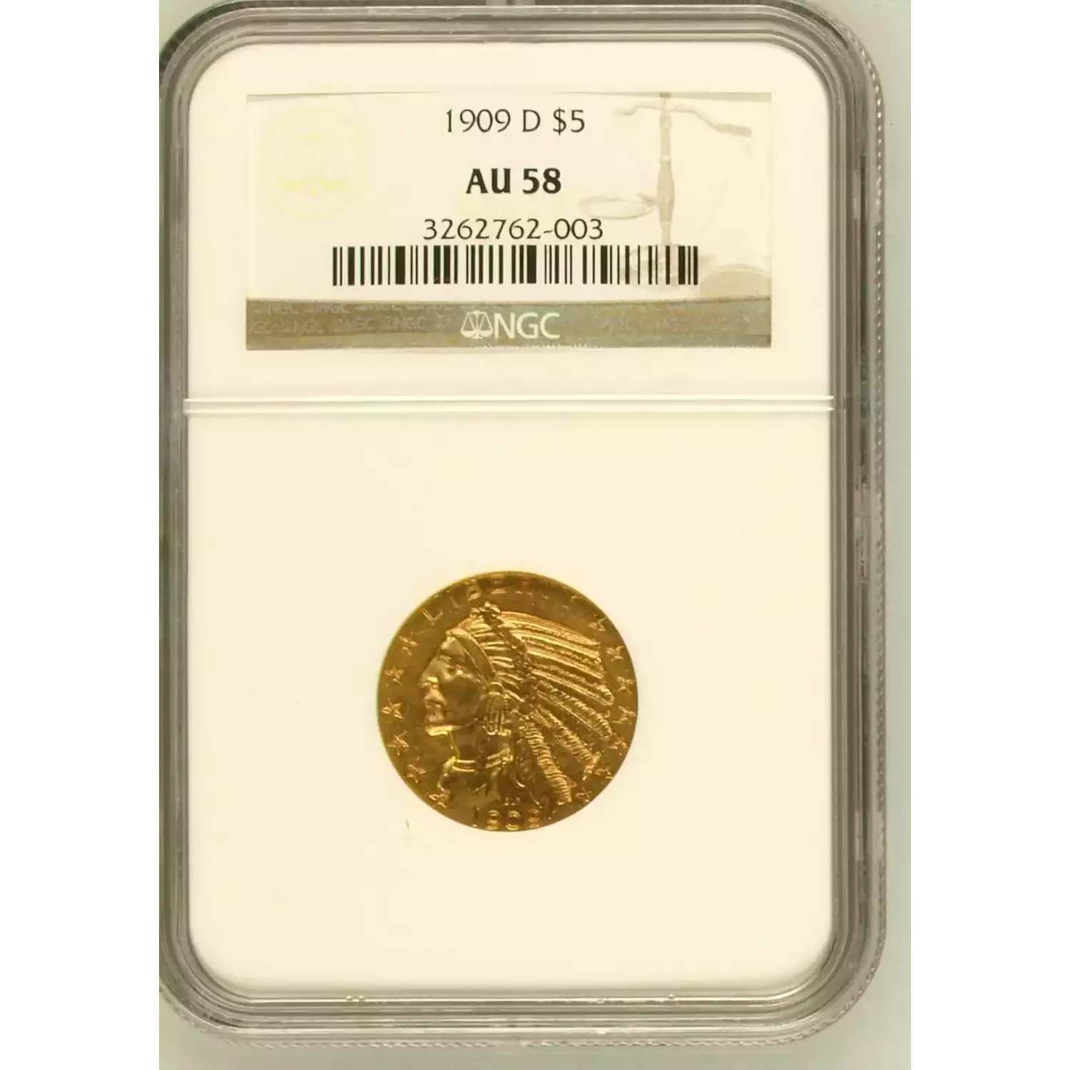 1909-D Gold Half Eagles $5 Indian Head NGC AU-58 - Lost Dutchman Rare Coins