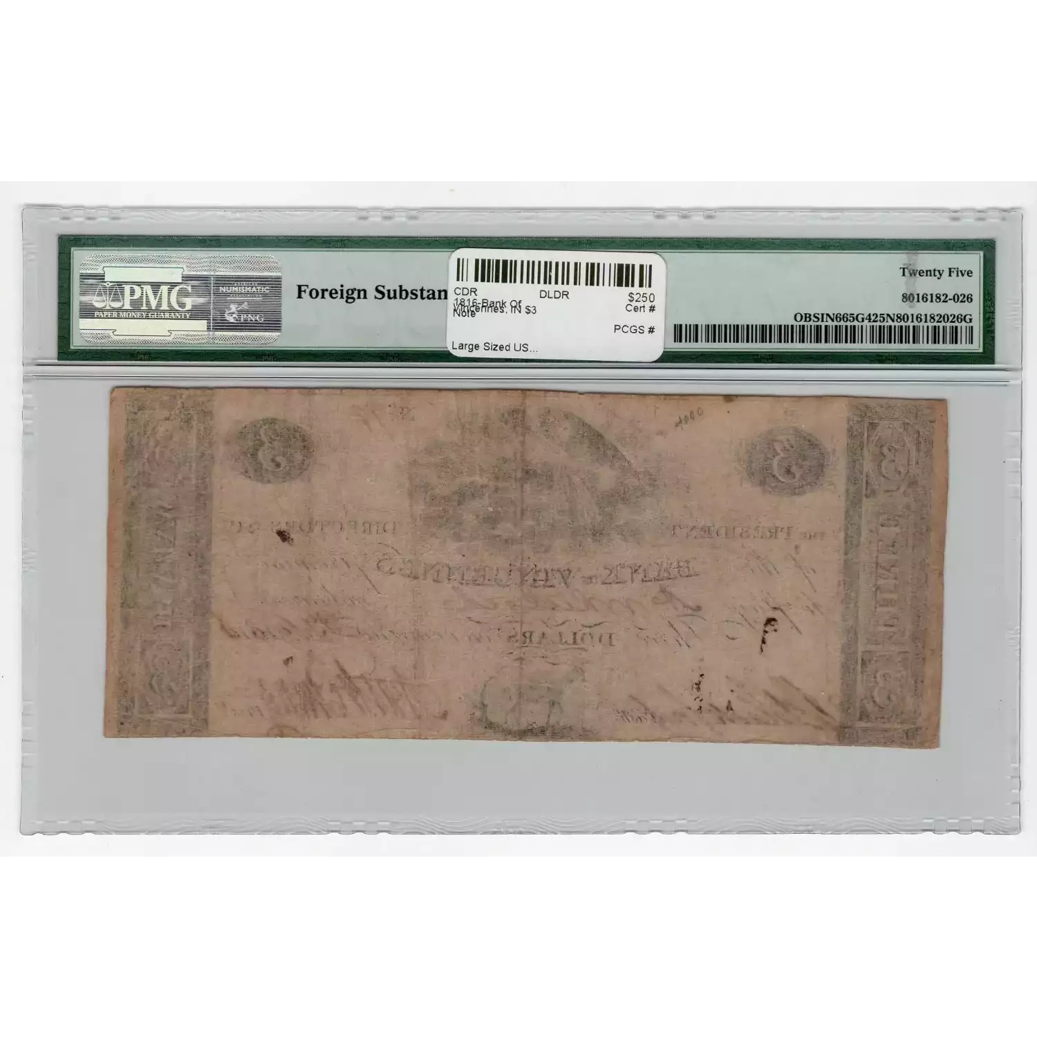 1816-Bank Of Vincennes, IN $3 Note Large Sized US Paper Money - Lost ...