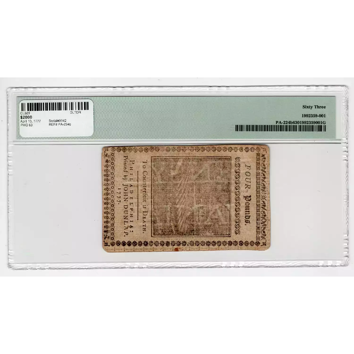 PMG 63 Pennsylvania Colonial April 10, 1777 4 Pounds Red & Black Ink ...