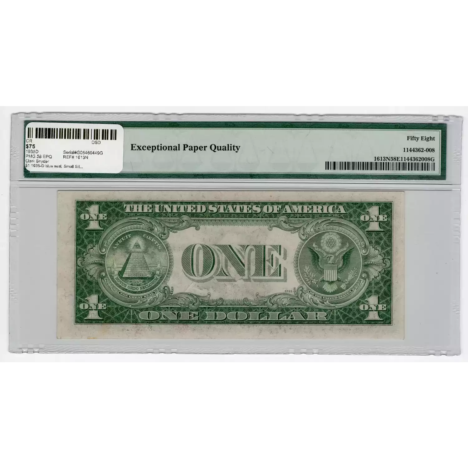 PMG 58EPQ Series 1935D Narrow $1 Silver Certificate with BEP Rejection ...