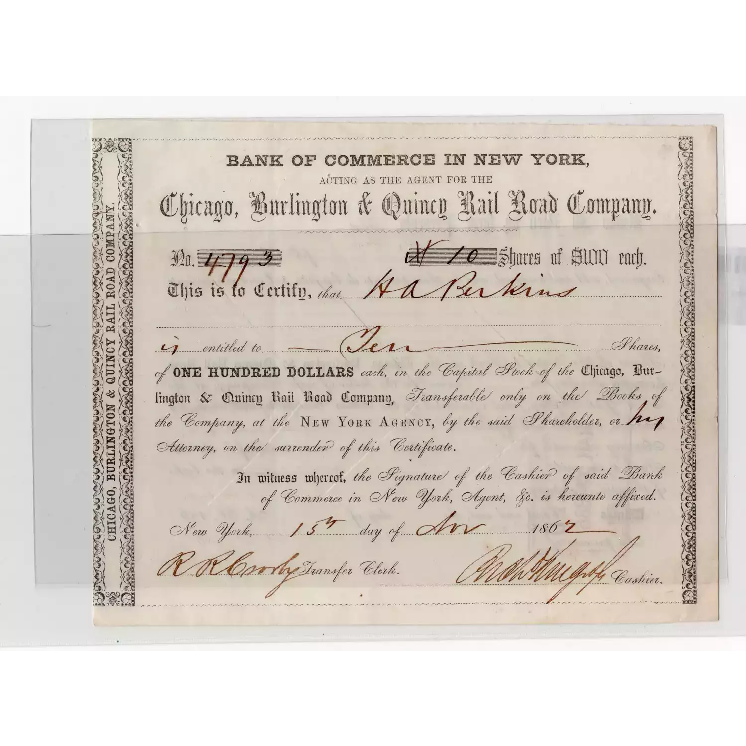 1862 Chicago, Burlington & Quincy Rail Road Company Stock, Bank of ...