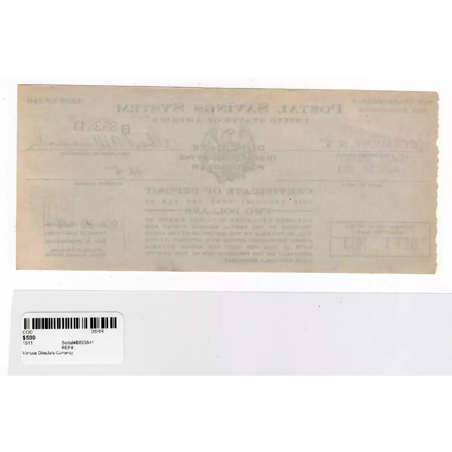 1911 $2 Postmaster Duplicate Syracuse, New York Postal Savings ...