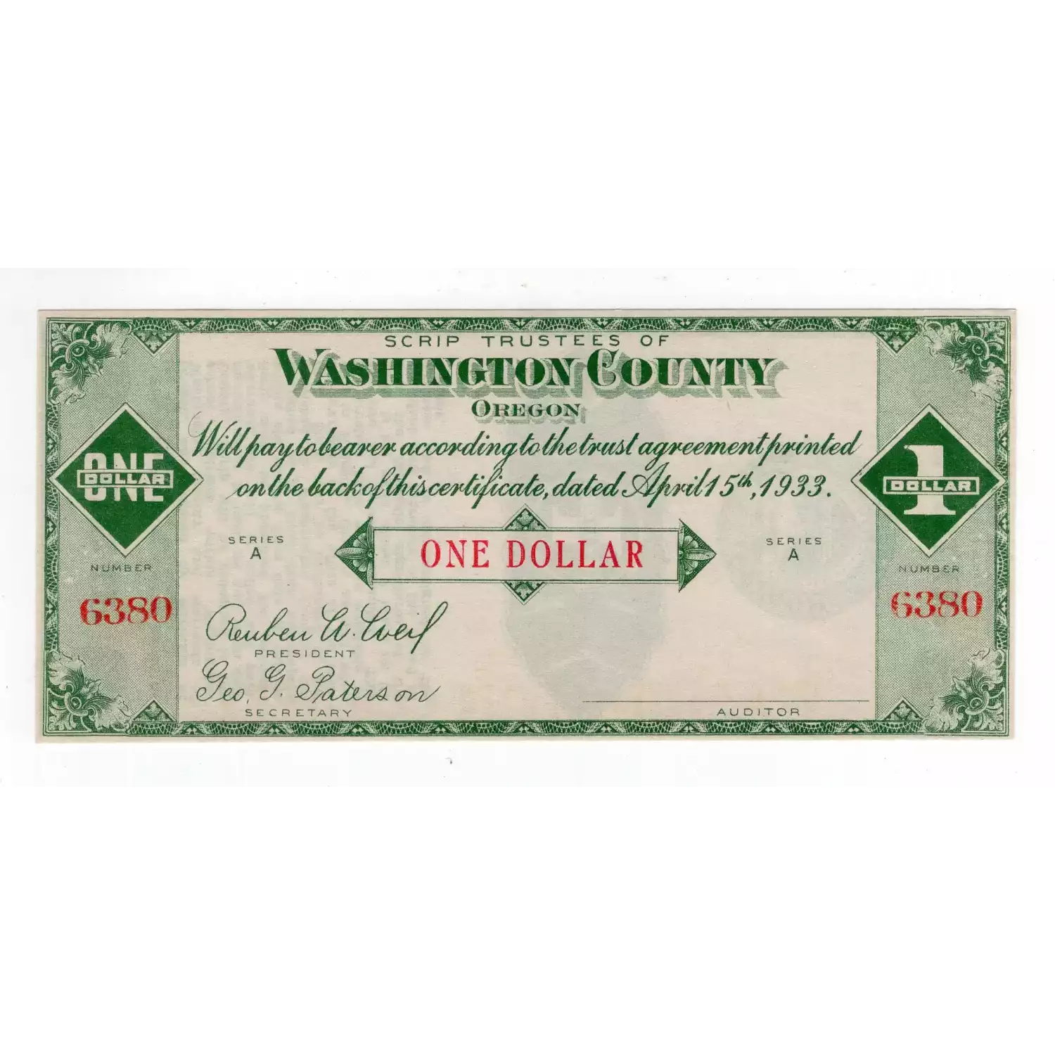 $1 1933 Hillsboro, Washington County, Oregon Depression Scrip Series A ...