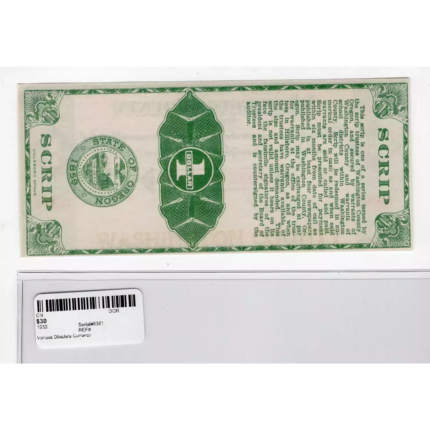 $1 1933 Hillsboro, Washington County, Oregon Depression Scrip Series A ...