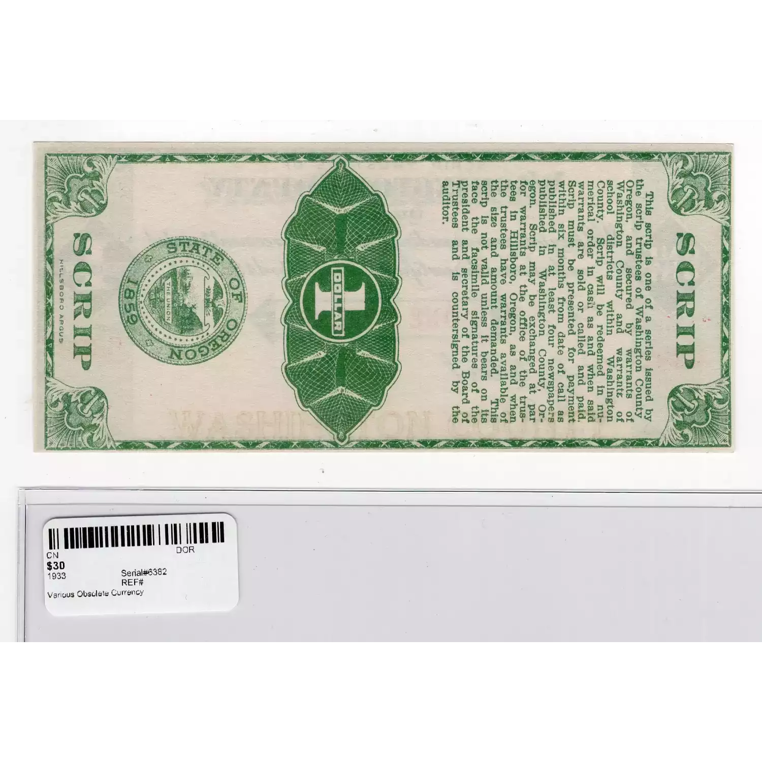 $1 1933 Hillsboro, Washington County, Oregon Depression Scrip Series A ...