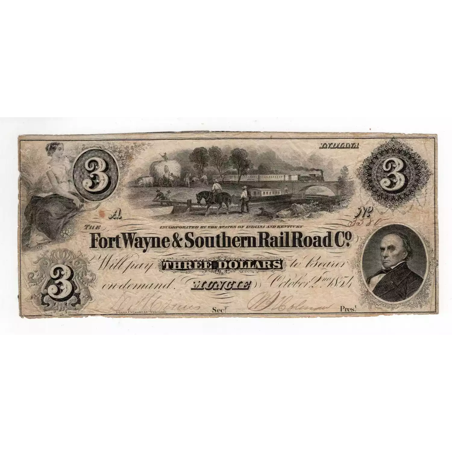 1854 $3 The Fort Wayne & Southern Railroad Co., Muncie, Indiana - Lost ...