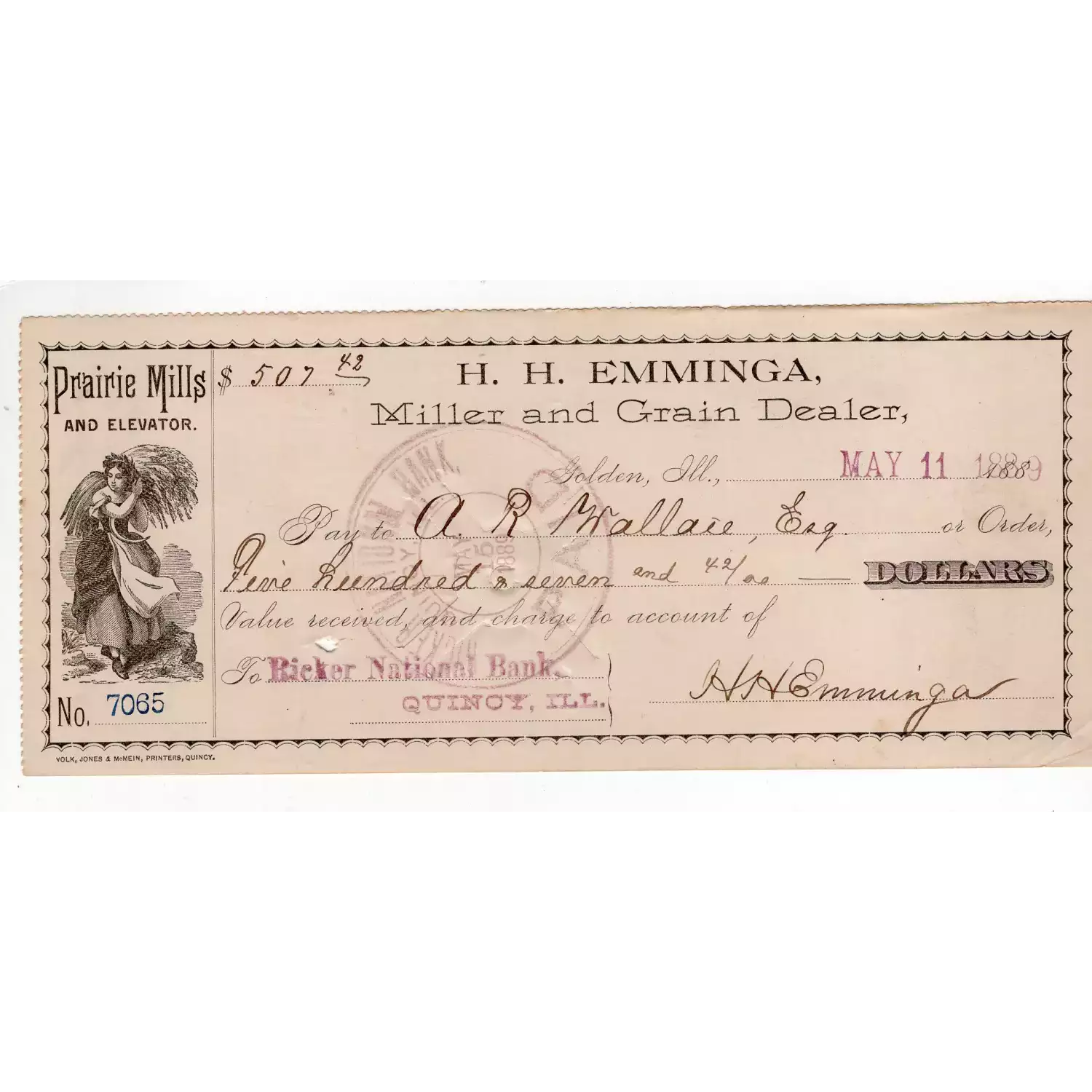 1889 $507.42 H. H. Emminga, Prairie Mills and Elevator, Golden ...
