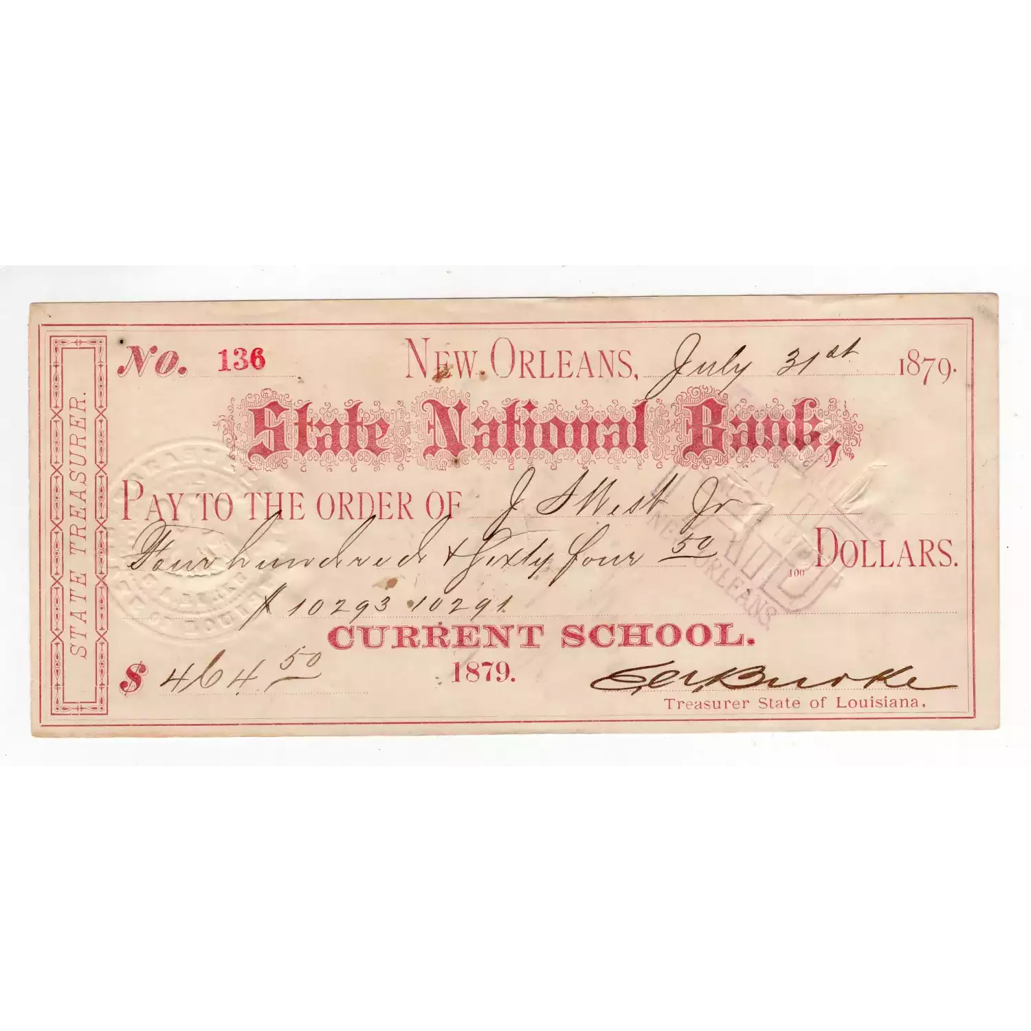 1879 $464.50 State National Bank, New Orleans, LA - State Treasurer ...