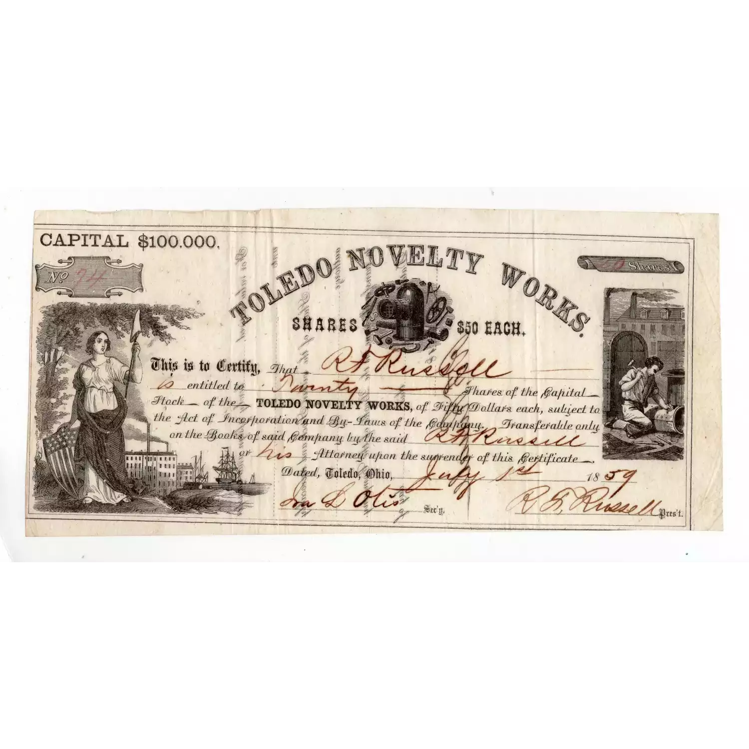 1859 20 Shares @ $50 each Toledo Novelty Works, Toledo, Ohio Share ...