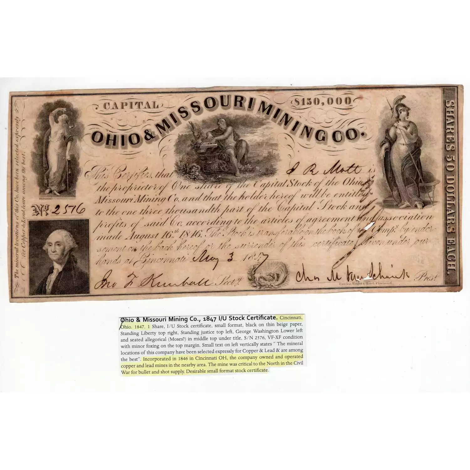 1847 Ohio & Missouri Mining Co. 1 Share Certificate Critical Civil War ...