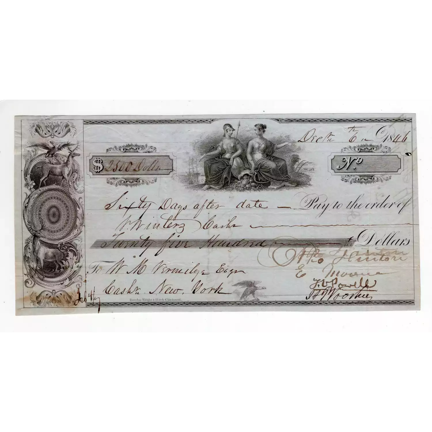 1846 $2,500 New York Check, Nice Vignettes - Lost Dutchman Rare Coins