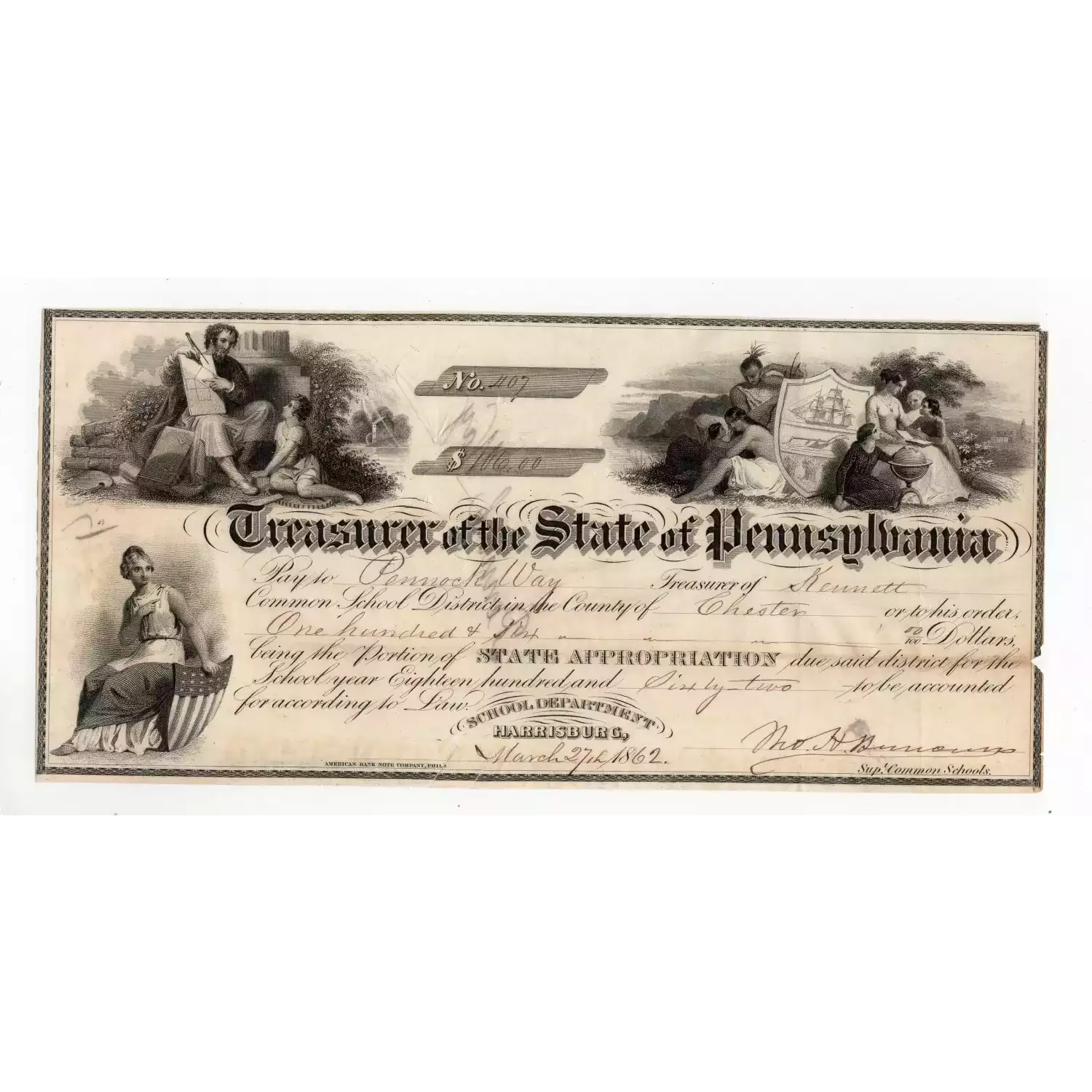 1862 $106 Treasurer of the State of Pennsylvania School Department ...
