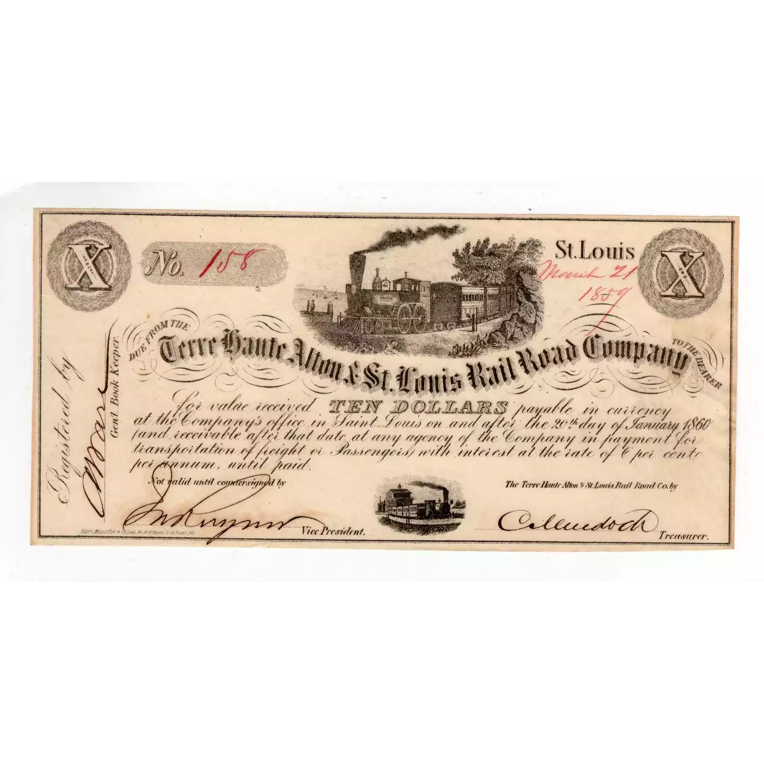1859 $10 Terre Haute Alton & St. Louis Rail Road Company, Nice Train ...