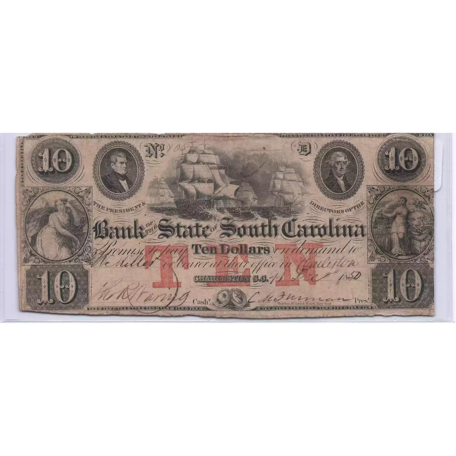 1850 $10 Bank of the State of South Carolina, Charleston, South ...