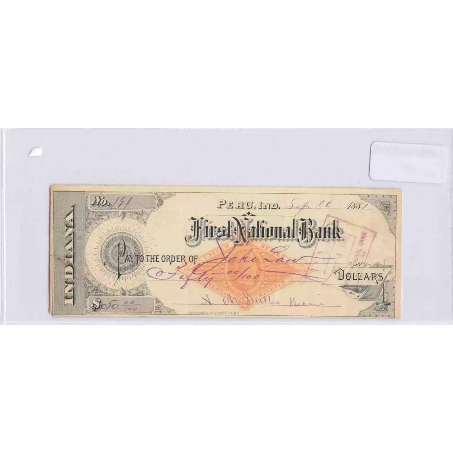 1881 $50 First National Bank, Peru, Indiana Revenue Imprinted Check ...
