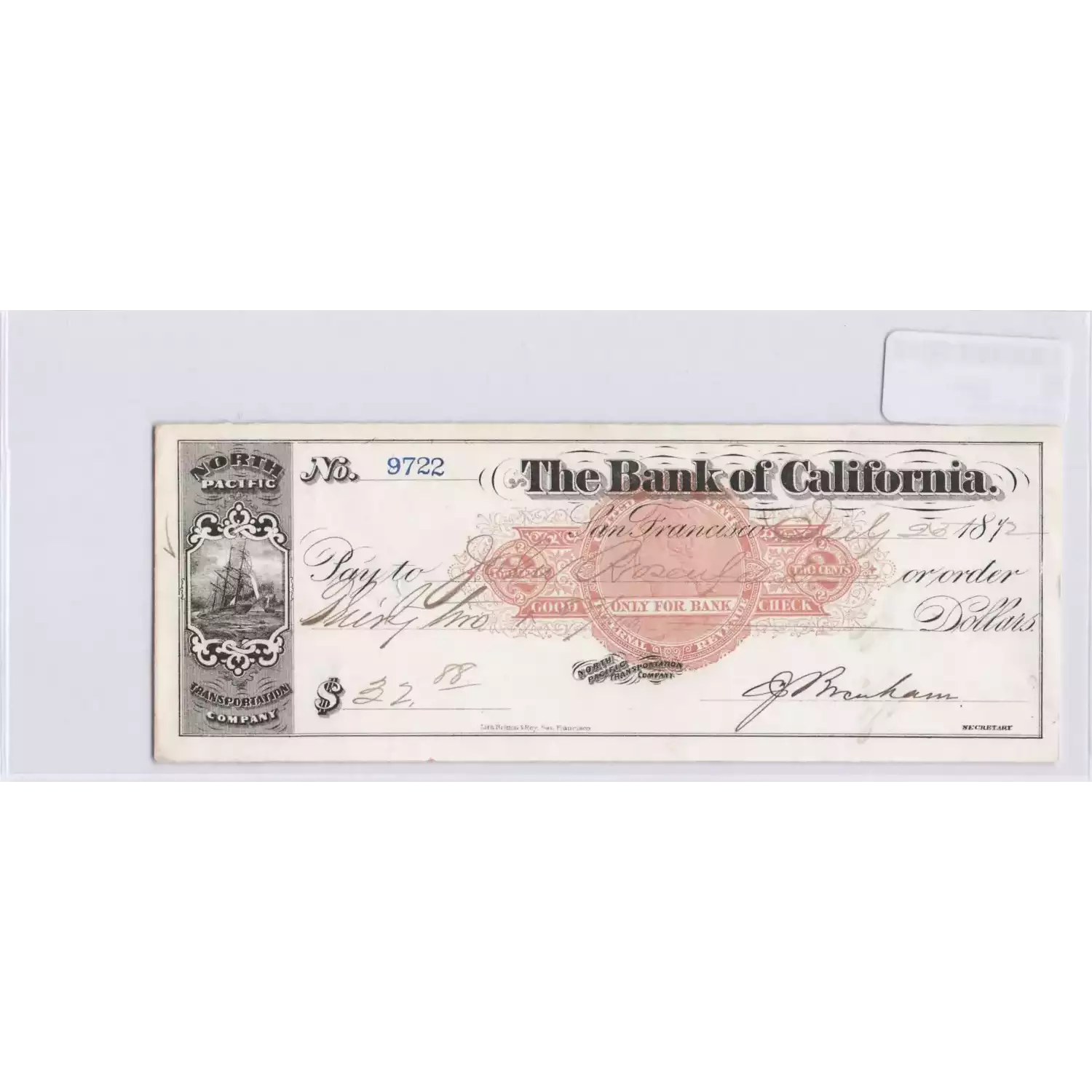 1872 North Pacific Transportation Co. - The Bank of California, San ...