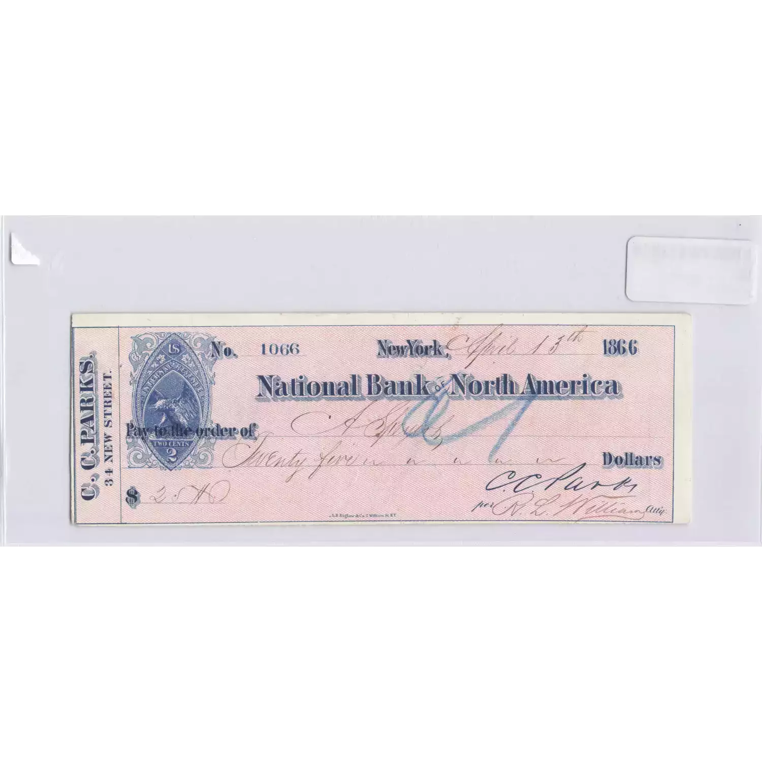 1866 C. C. Parks, National Bank of North America, New York, NY Check ...