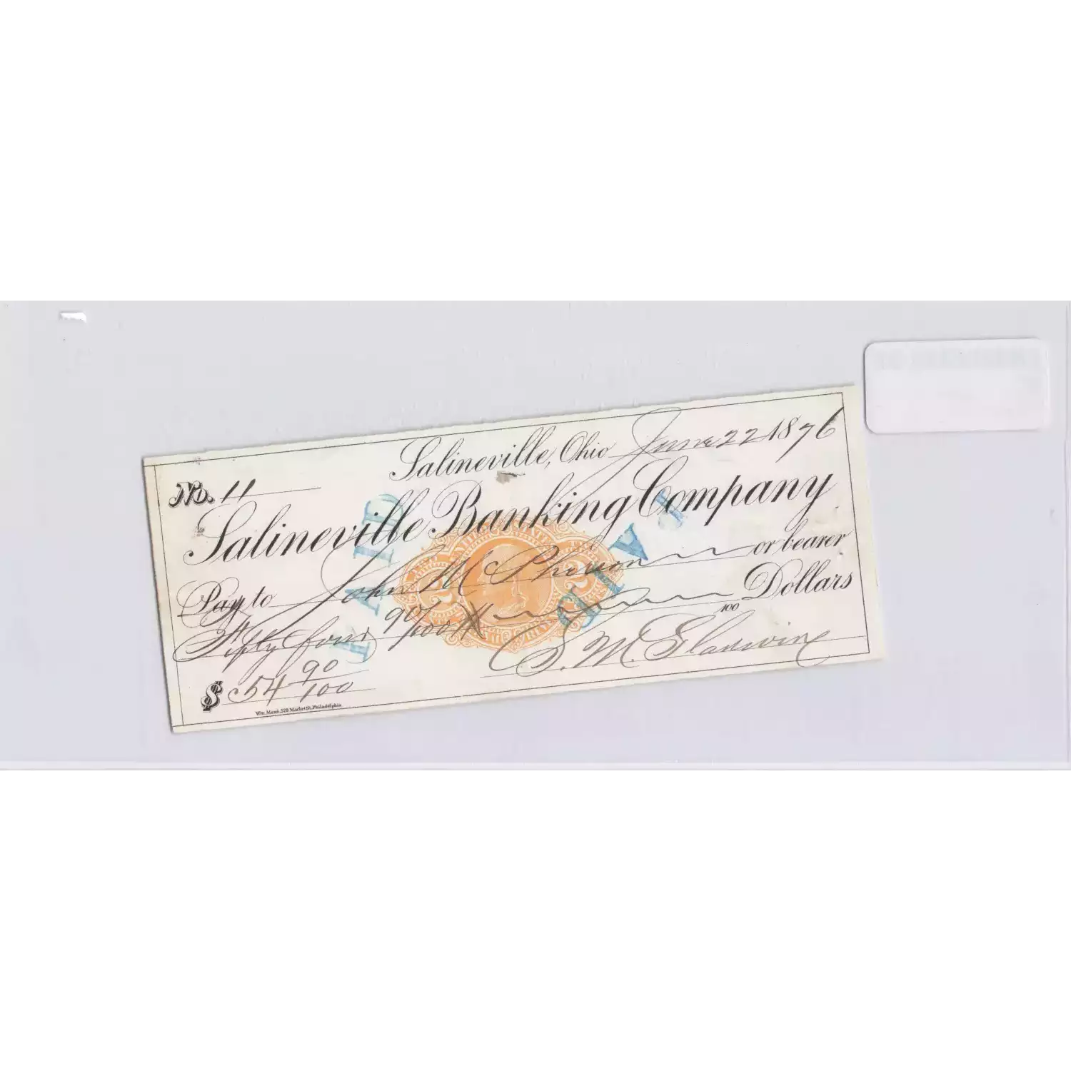 1876 Salineville Banking Company, Salineville, Ohio Revenue Imprinted ...