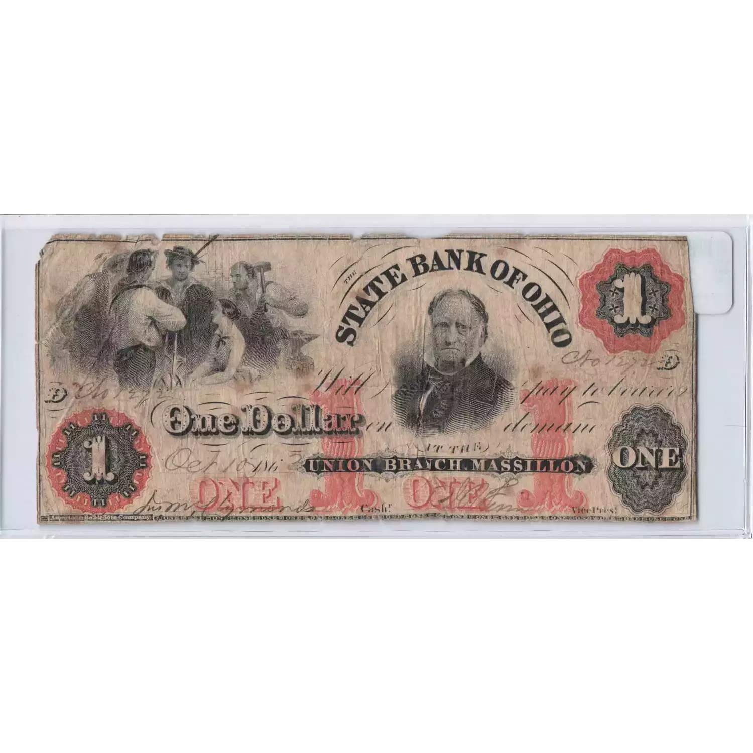 1863 $1 State Bank of Ohio, Union Branch Massillon, Nice Vignettes ...