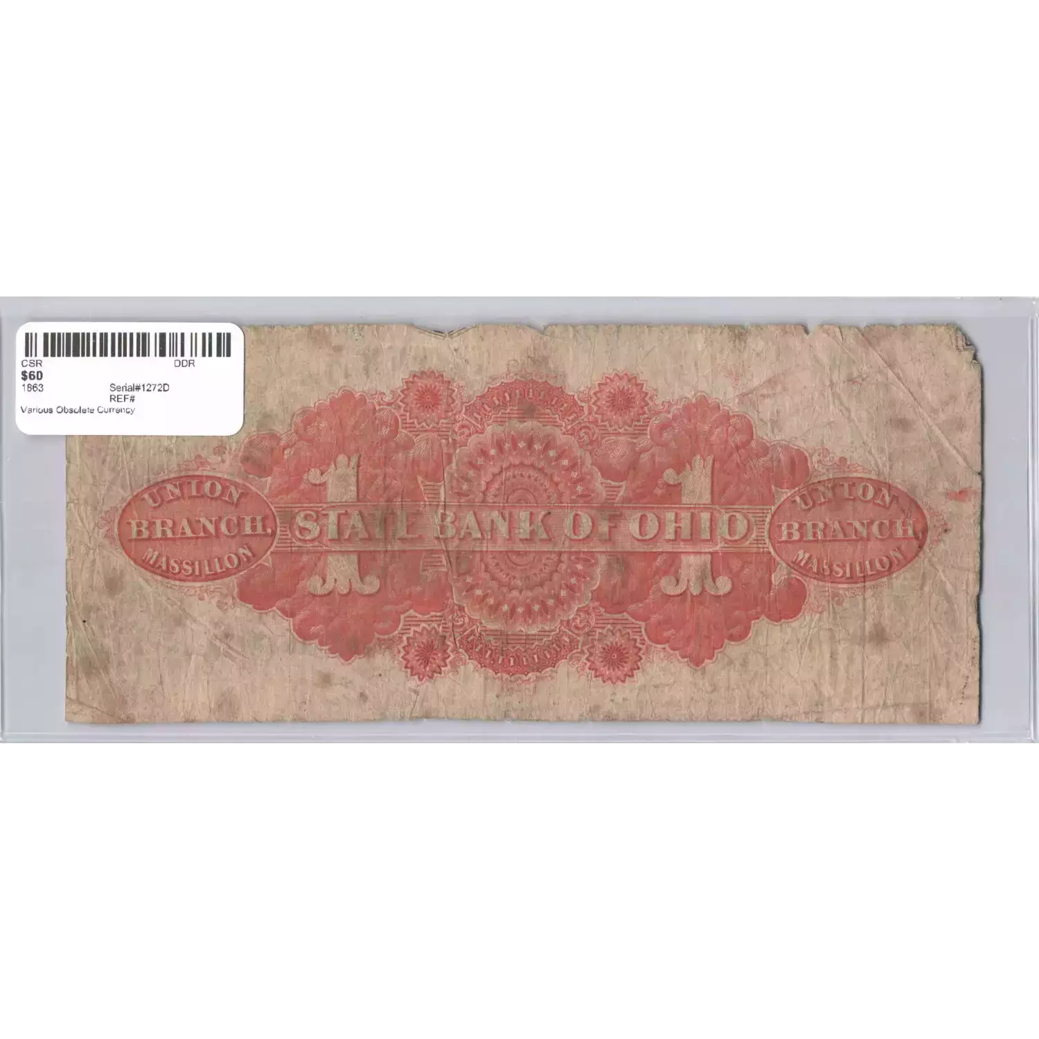 1863 $1 State Bank of Ohio, Union Branch Massillon, Nice Vignettes ...