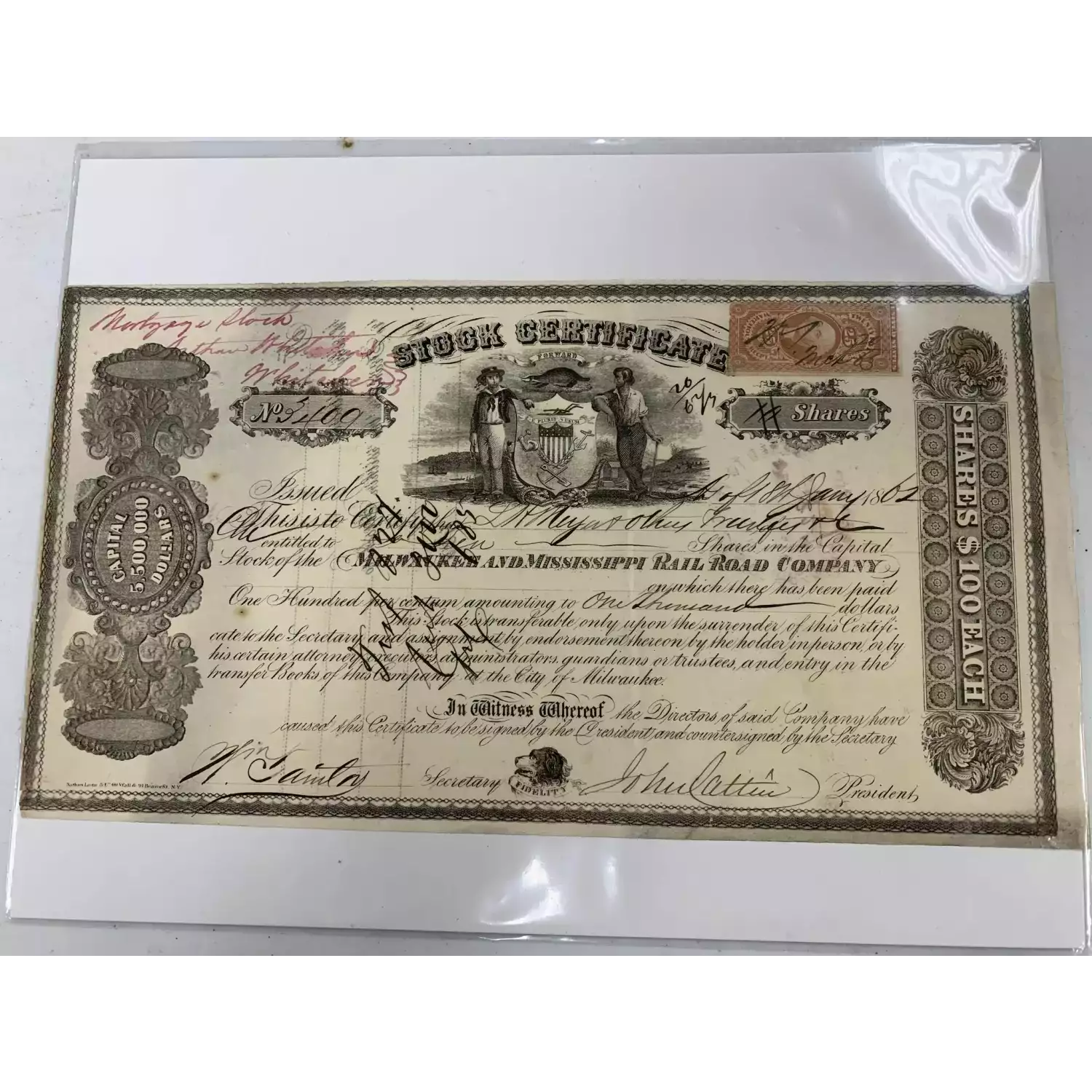 1862 Milwaukee and Mississippi Rail Road Company Stock Certificate ...