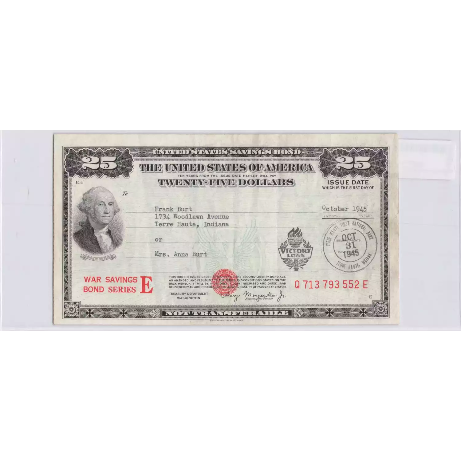 $25 United States War Savings Bond Series E Issued 1945 Uncancelled ...