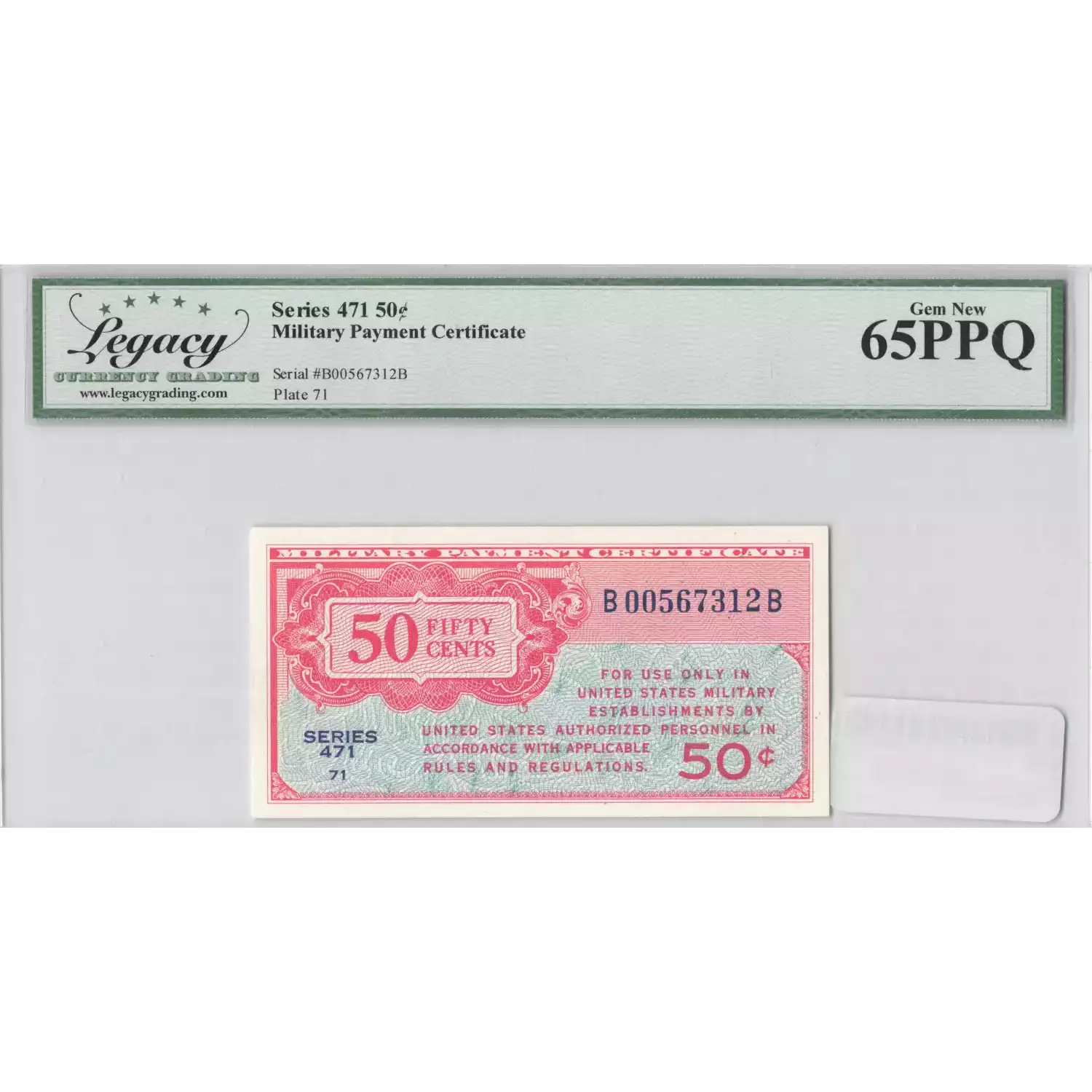 Legacy Gem New 65PPQ Military Payment Certificate Series 471 50 Cents ...