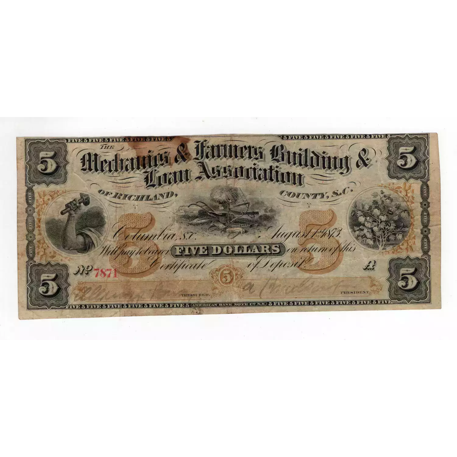 1873 $5 The Mechanics & Farmers Building & Loan Association Columbia ...