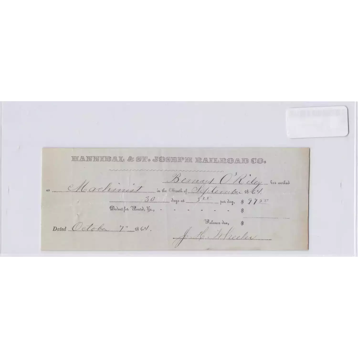 Machinist 1864 Hannibal & St. Joseph Railroad Co. Paycheck Missouri w ...